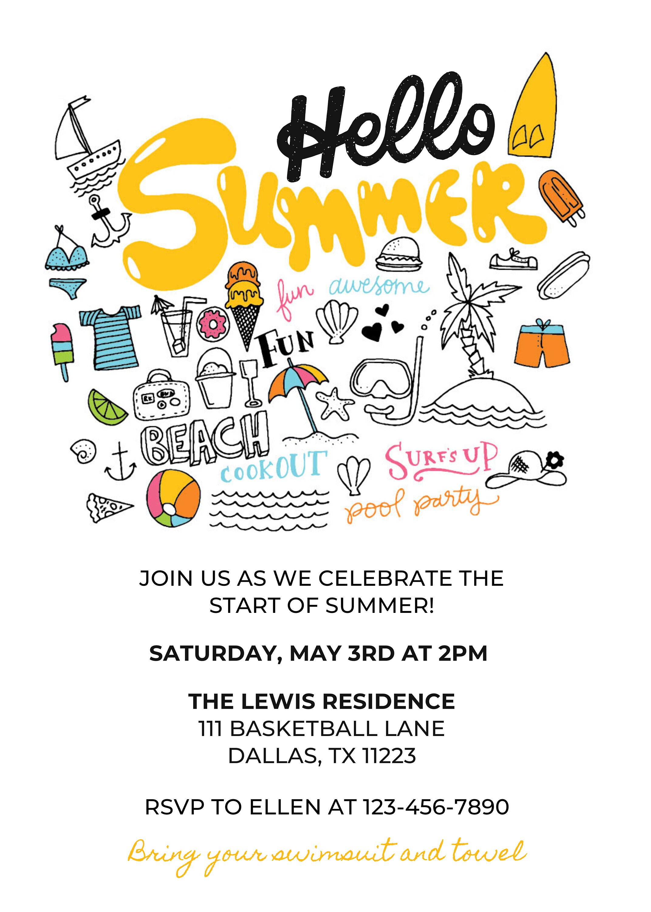EDITABLE Hello Summer Theme Invitation, Print or Text Invite, Hello ...