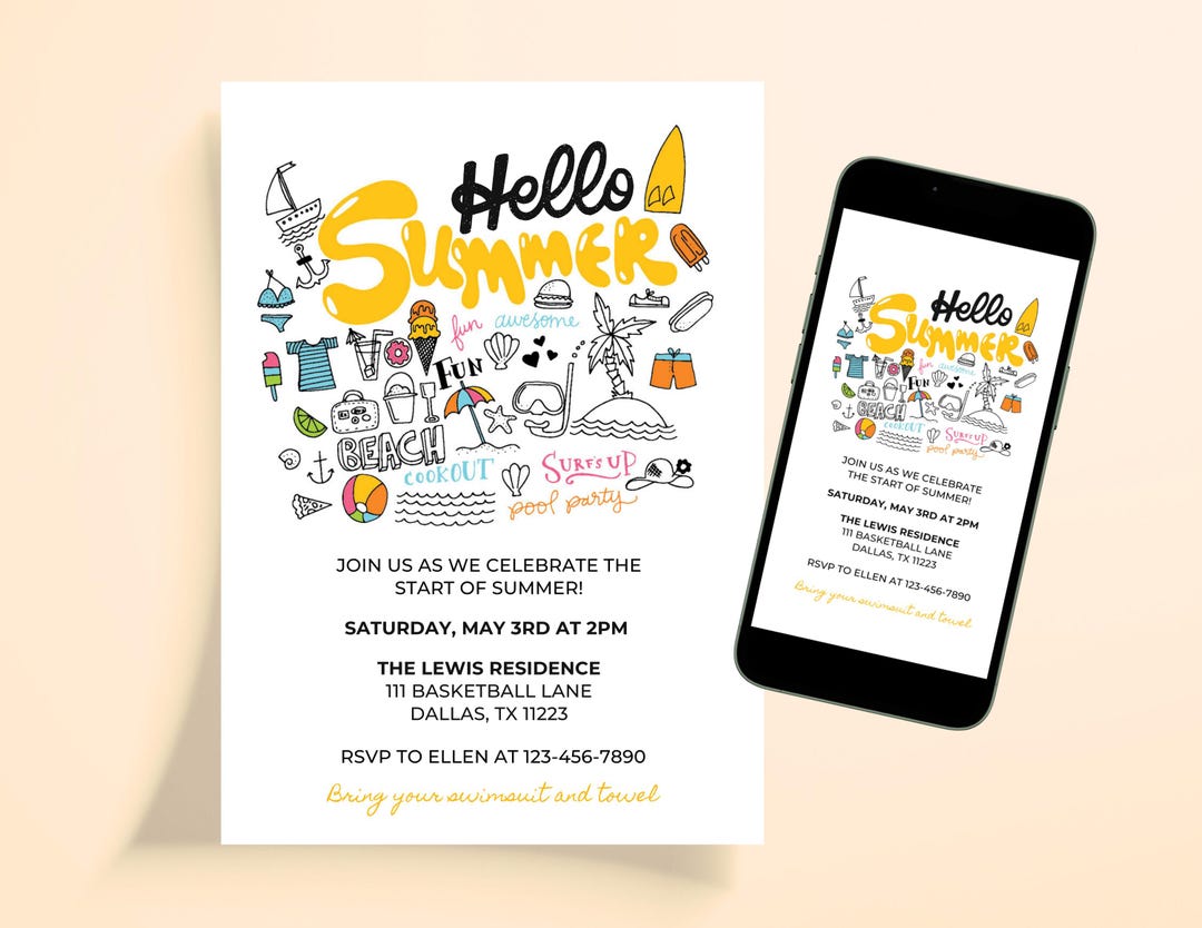 EDITABLE Hello Summer Theme Invitation, Print or Text Invite, Hello ...