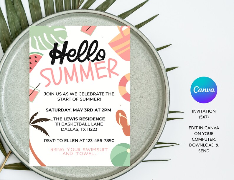 EDITABLE Hello Summer Theme Invitation, Print or Text Invite, Hello ...