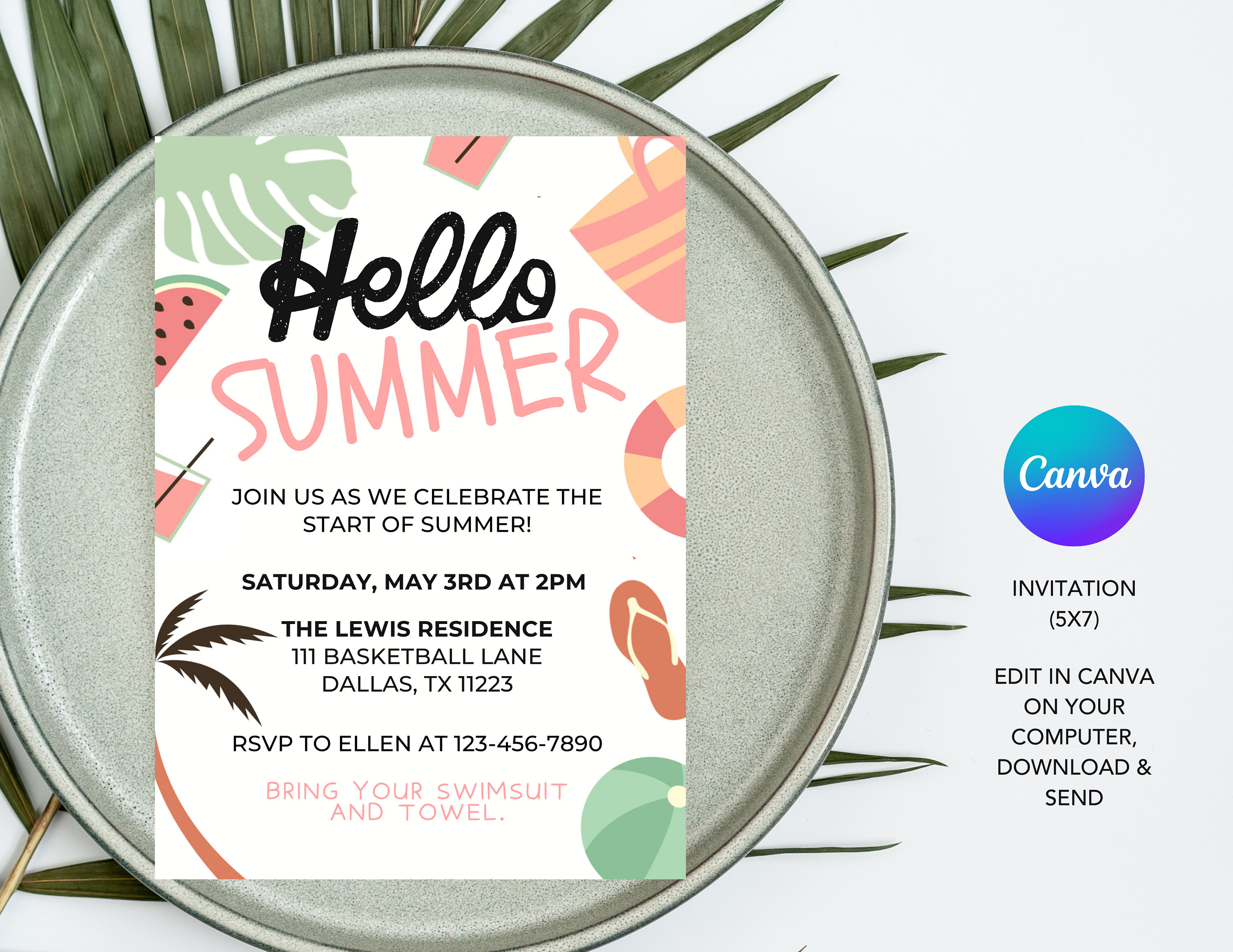 EDITABLE Hello Summer Theme Invitation, Print or Text Invite, Hello ...