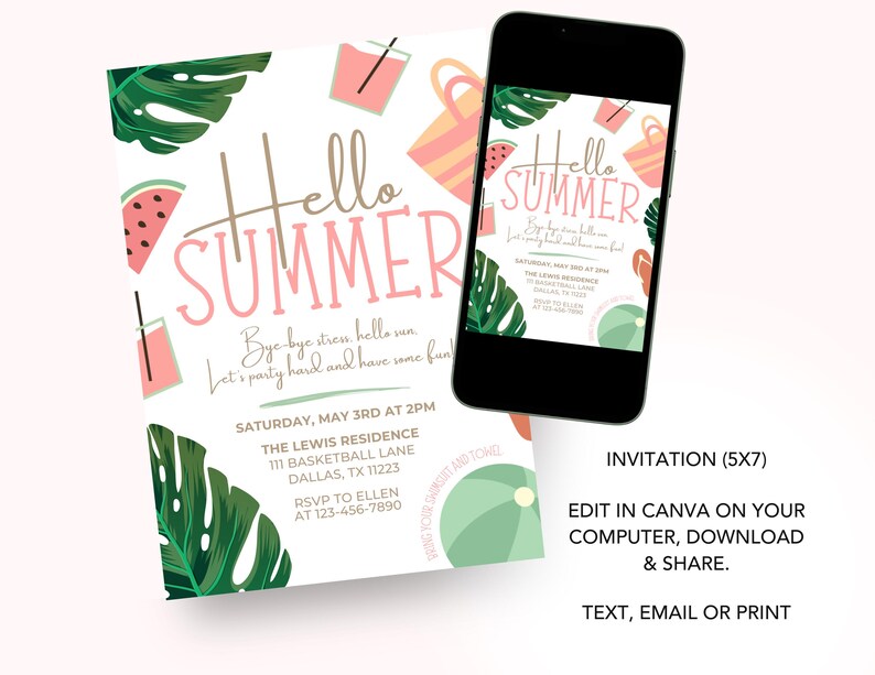 EDITABLE Hello Summer Theme Invitation, Print or Text Invite, Hello ...