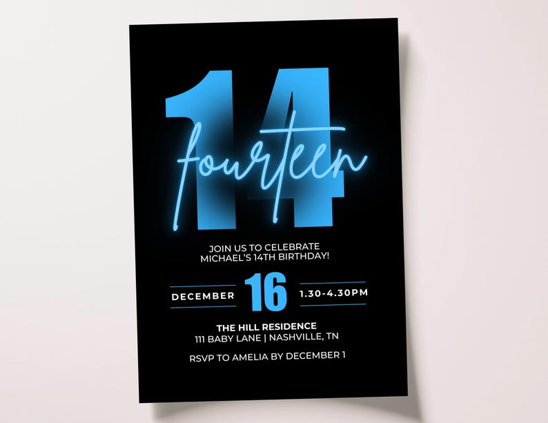 Editable Neon Blue Birthday Invitation | 14th Birthday Teen Party ...