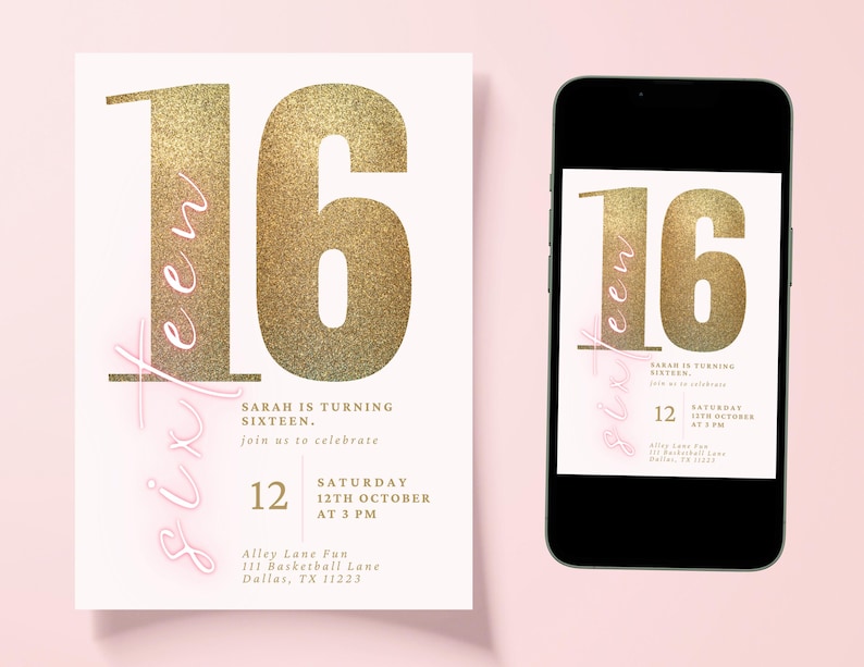 Pink & Gold Sweet 16 Invitation | Teen Girl Sixteenth Birthday Invite ...