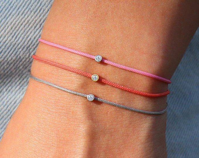 Diamond String Bracelet, 14k Gold & Diamond Friendship Bracelet, Silk ...