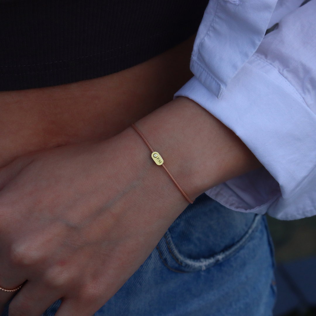 Custom Diamond String Bracelet, 14K Solid Gold Engraved Bracelet ...