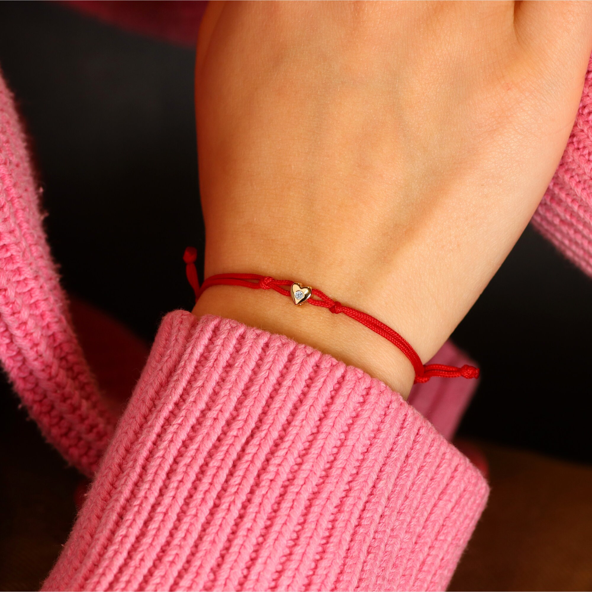 Diamond Heart String Bracelet, 14K Solid Gold Silk Bracelet, Lucky Cord ...