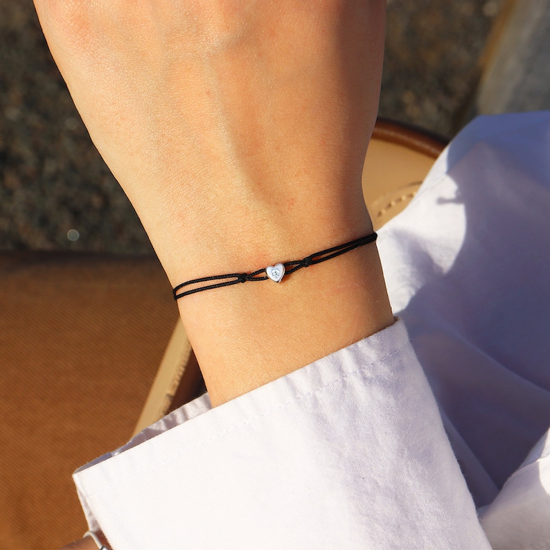 Diamond Heart String Bracelet, 14K Solid Gold Silk Bracelet, Lucky Cord ...