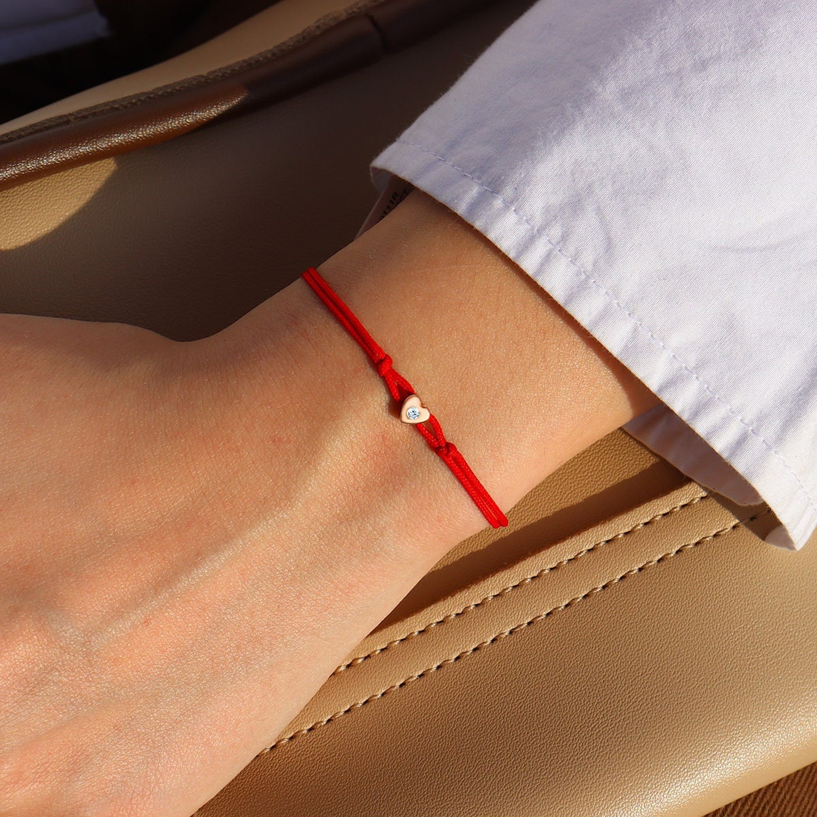 Diamond Heart String Bracelet, 14K Solid Gold Silk Bracelet, Lucky Cord ...