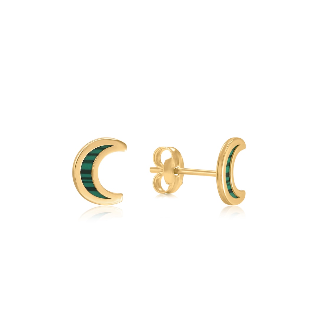 14K Solid Gold Moon Stud Earrings, Malachite Stones, Tiny Moon Earrings, Dainty Moon Earrings ...