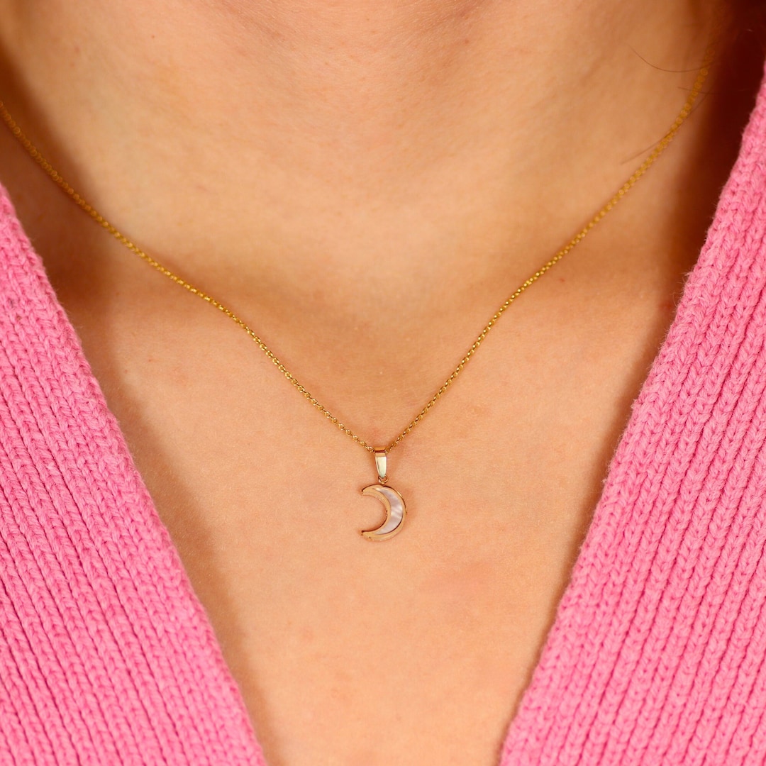14K Solid Gold Mother of Pearl Moon Necklace, Tiny Moon Necklace ...