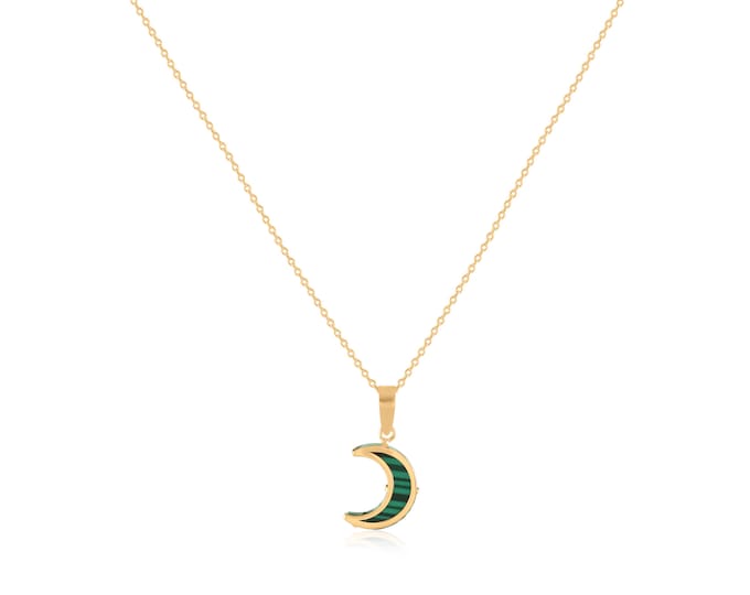 14K Solid Gold Malachite Moon Necklace, Tiny Moon Necklace, Natural ...