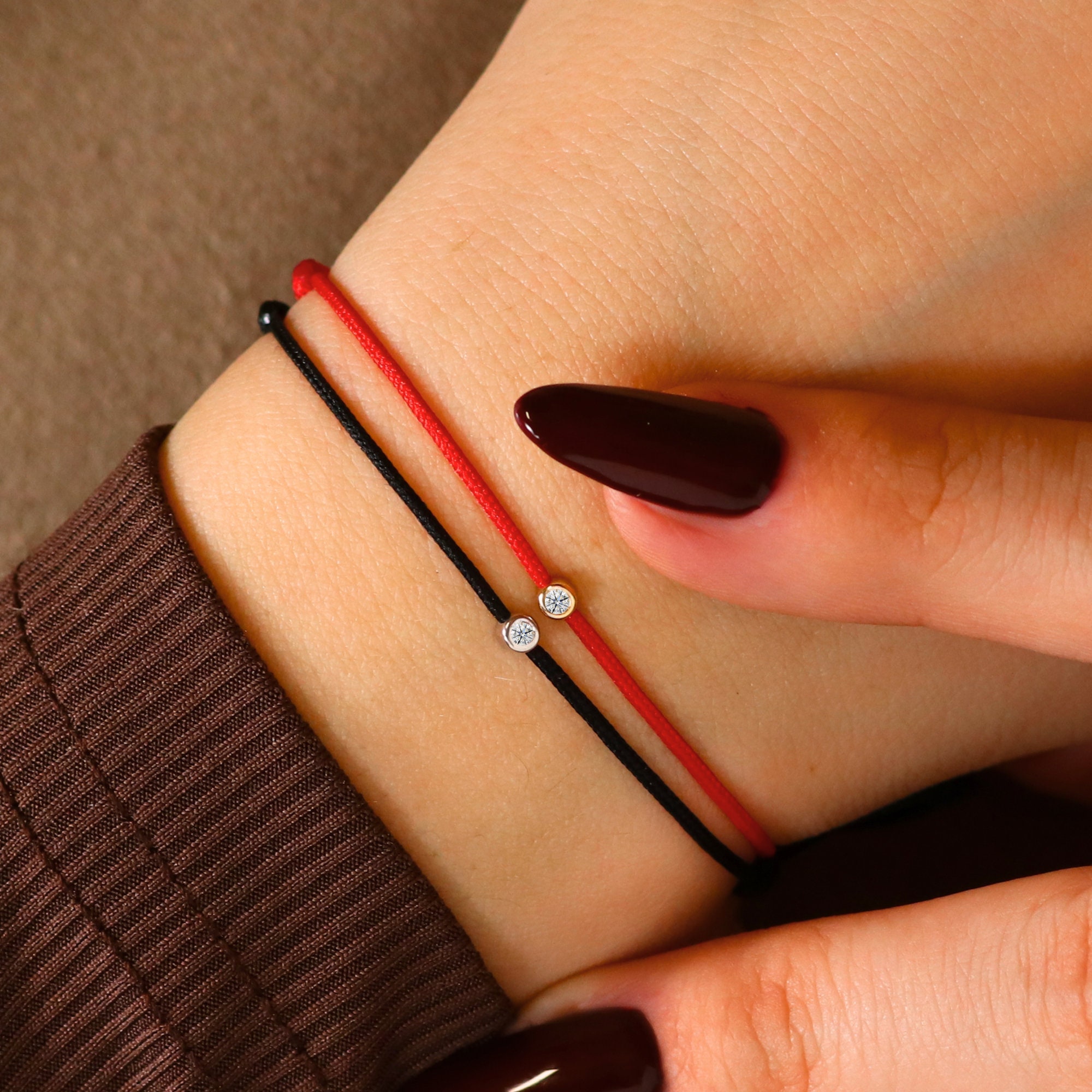 String Bracelet With Diamond, 14K Solid Gold Silk Bracelet, Lucky Cord ...