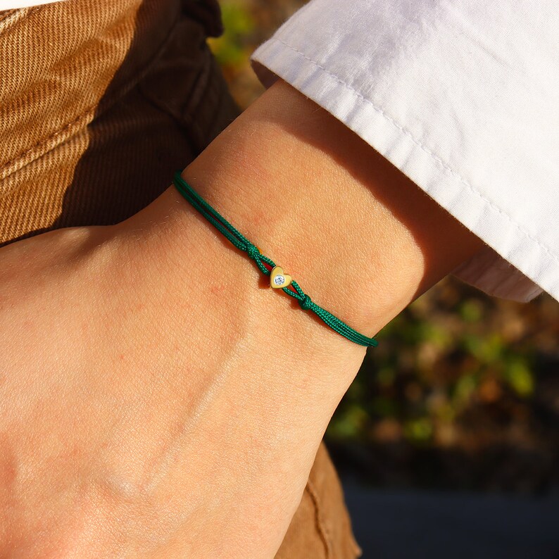 Diamond Heart String Bracelet, 14K Solid Gold Silk Bracelet, Lucky Cord ...