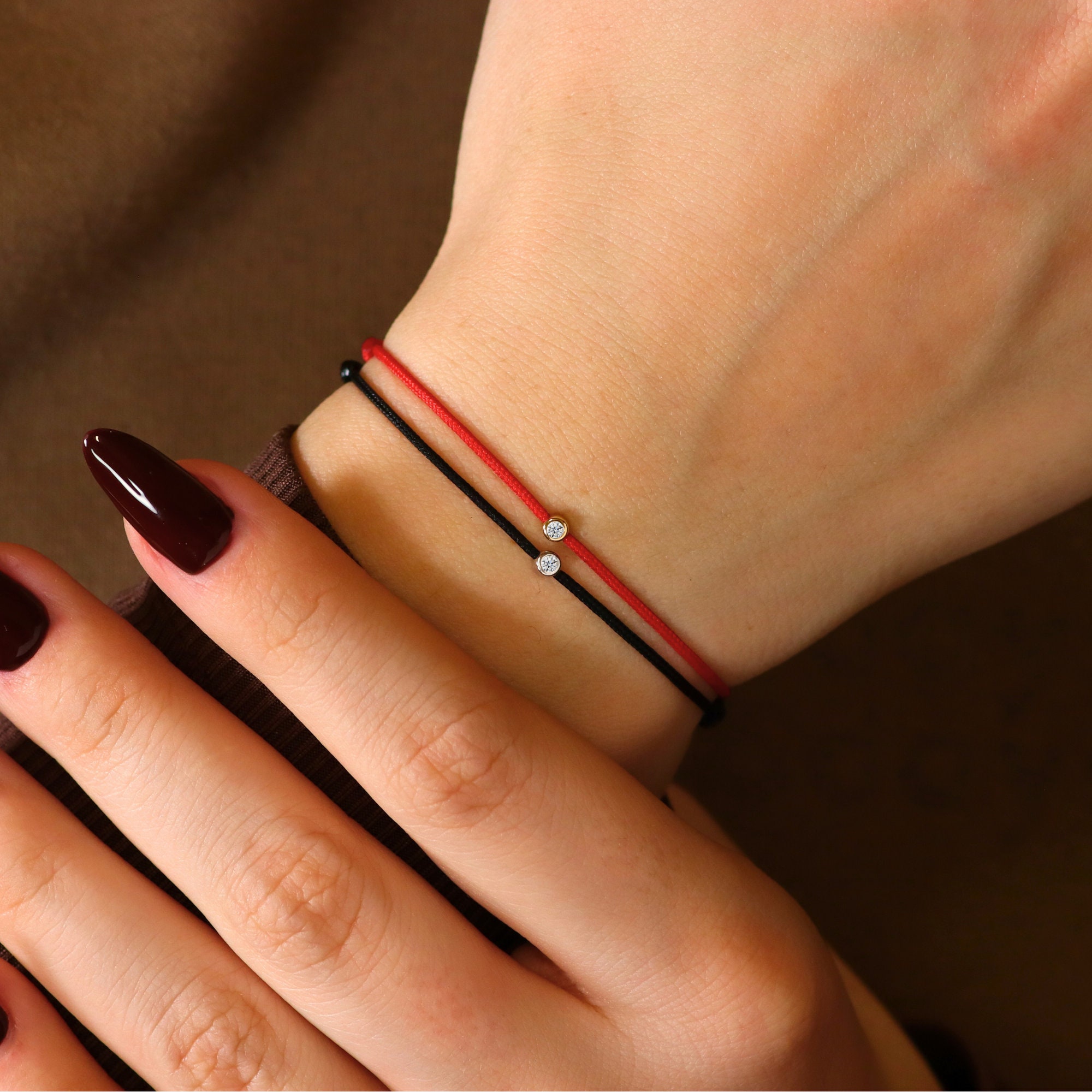 String Bracelet With Diamond, 14K Solid Gold Silk Bracelet, Lucky Cord ...