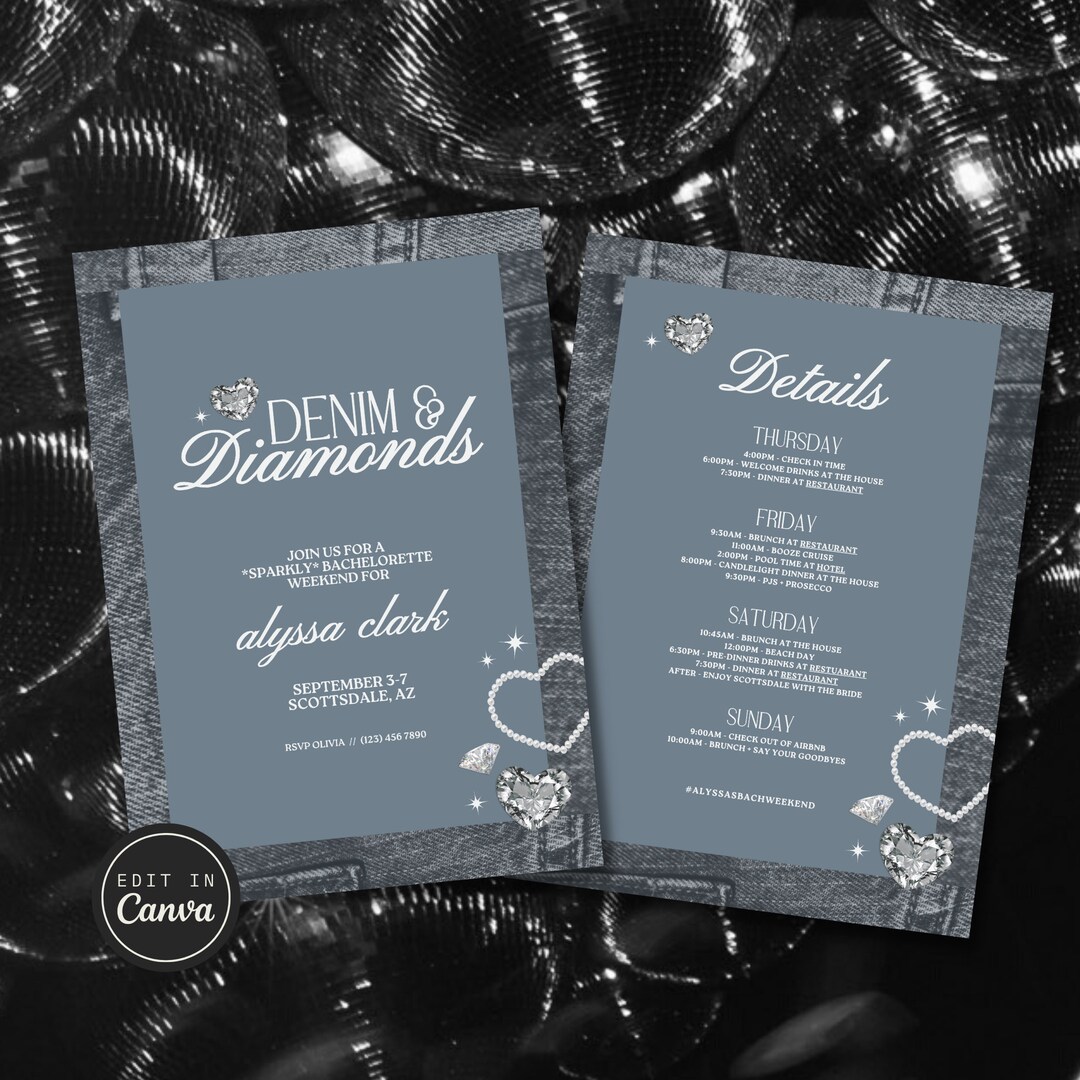 Denim & Diamonds Bachelorette Invitation + Itinerary Template, 5x7 DIY ...