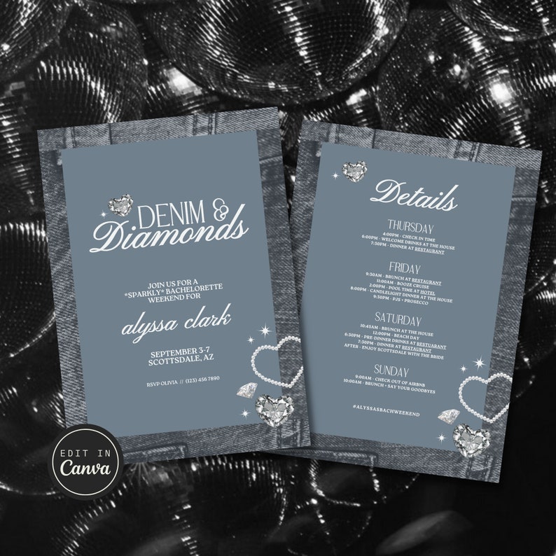 Denim & Diamonds Bachelorette Invitation + Itinerary Template, 5x7 DIY Canva Design, Western ...
