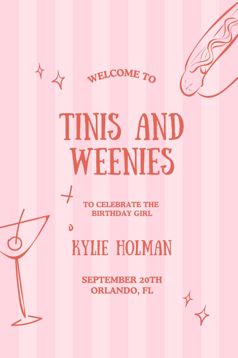 Tinis and Weenies Birthday Welcome Sign, Birthday Dinner Template ...