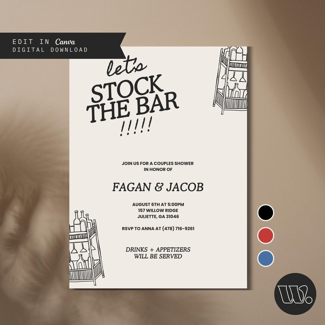 Stock the Bar Invitation, Hand-drawn Couples Shower Invite Template ...