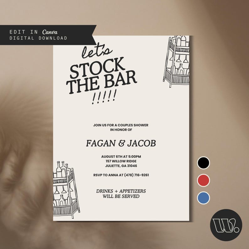 Stock the Bar Invitation, Hand-drawn Couples Shower Invite Template ...