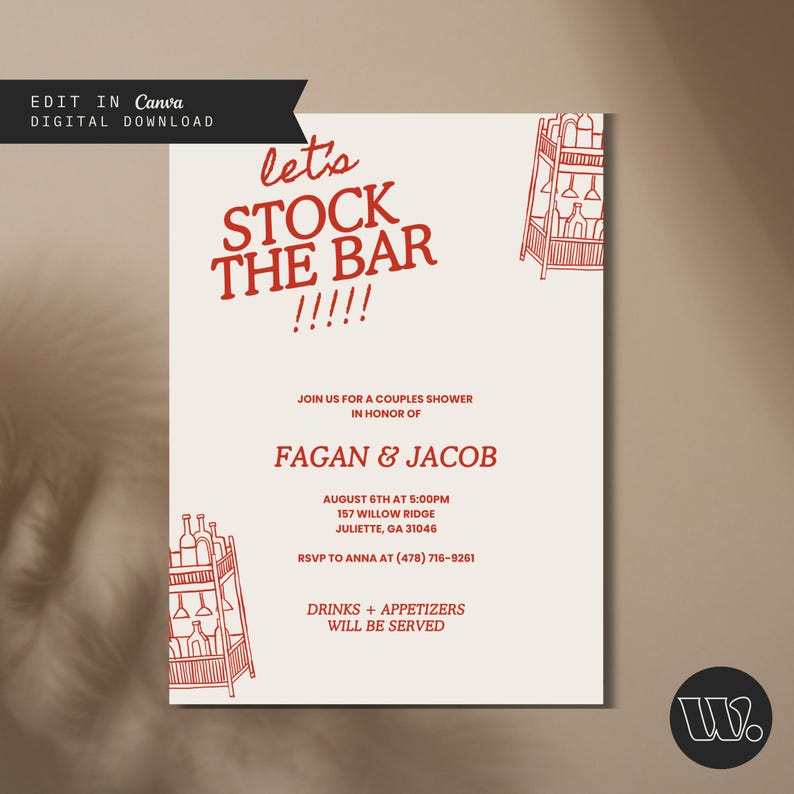 Stock the Bar Invitation, Hand-drawn Couples Shower Invite Template ...