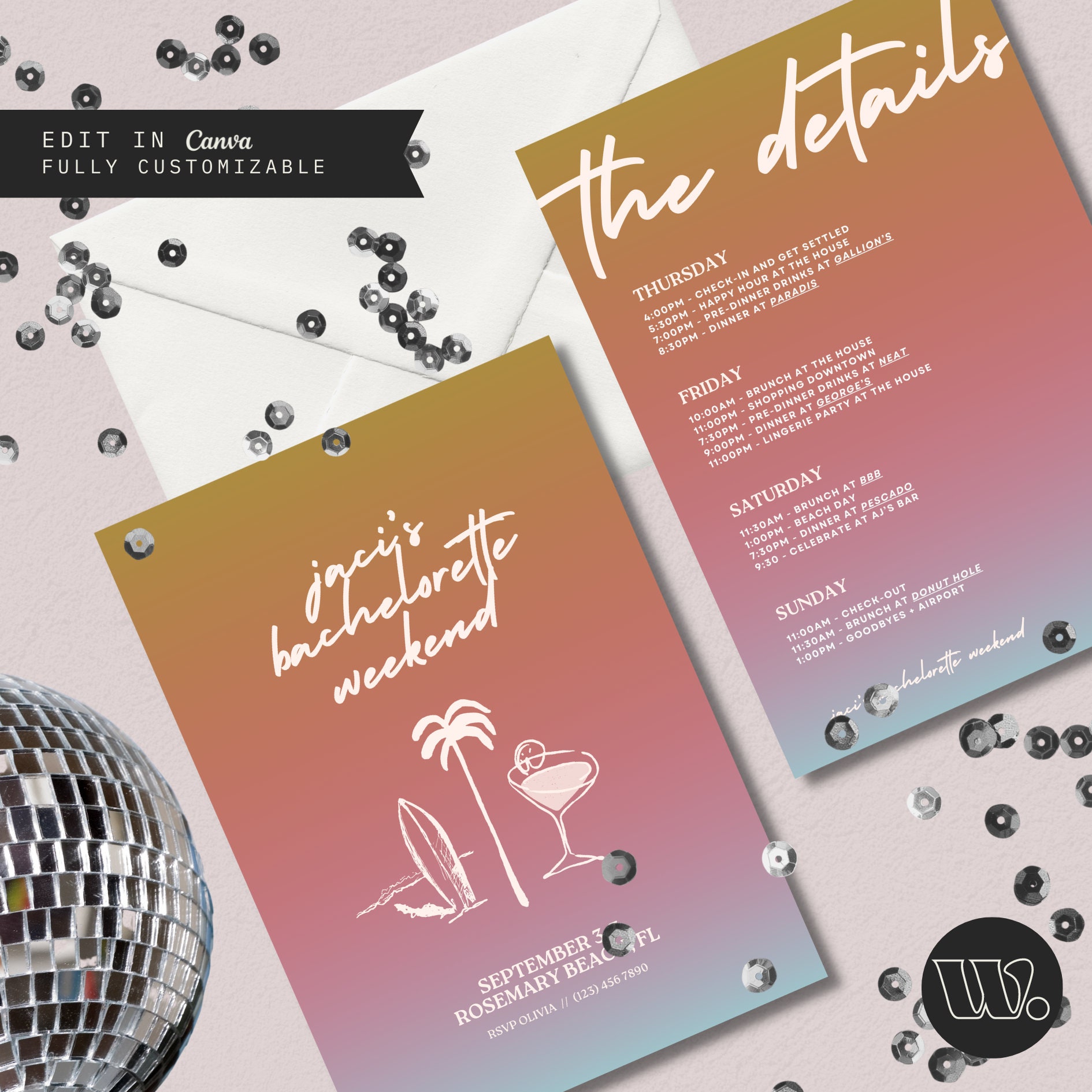 Sunset Bachelorette, Tropical Invitation Itinerary Template, 5x7 Custom ...