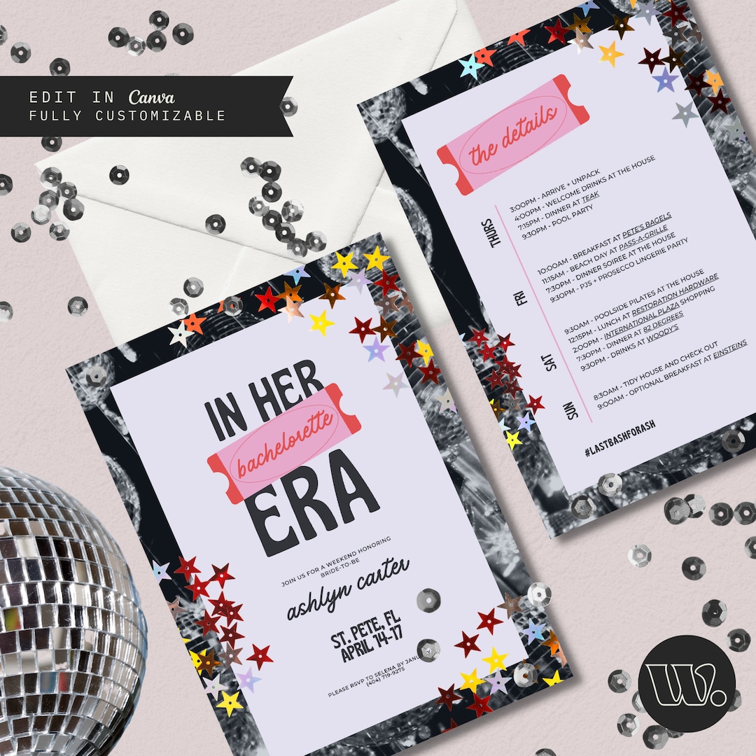 Eras Tour Confetti Trendy Swiftie Bachelorette Invitation Itinerary ...