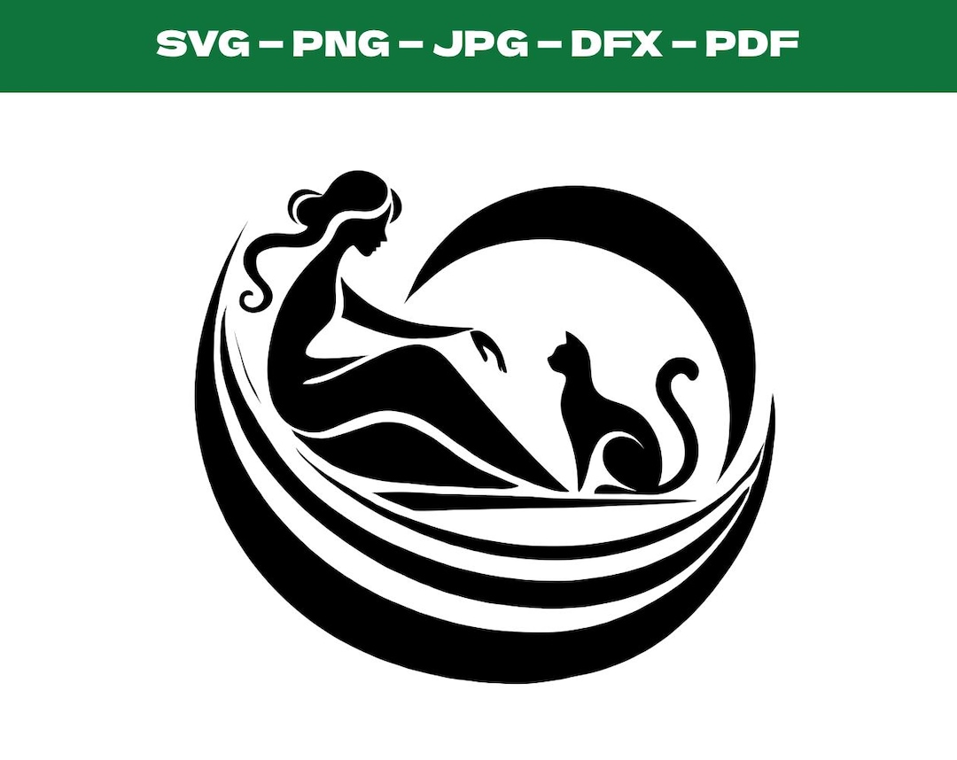 Woman Cat Silhouette SVG, Moon Cat Lady Digital Art, Cricut Cut File ...