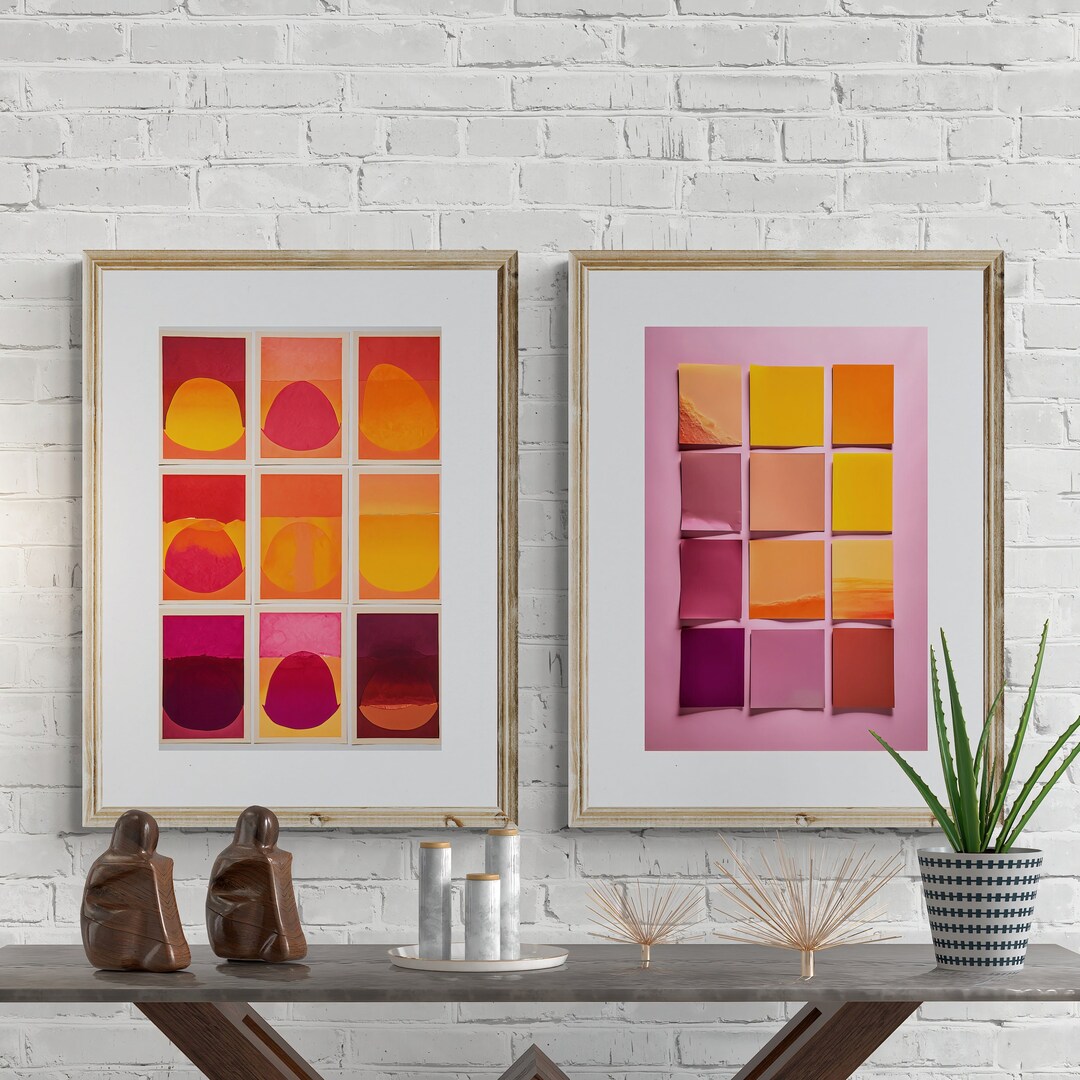 Multi-panel Minimalist Color Set of 2 Prints, Magenta Amber Pink Wall ...