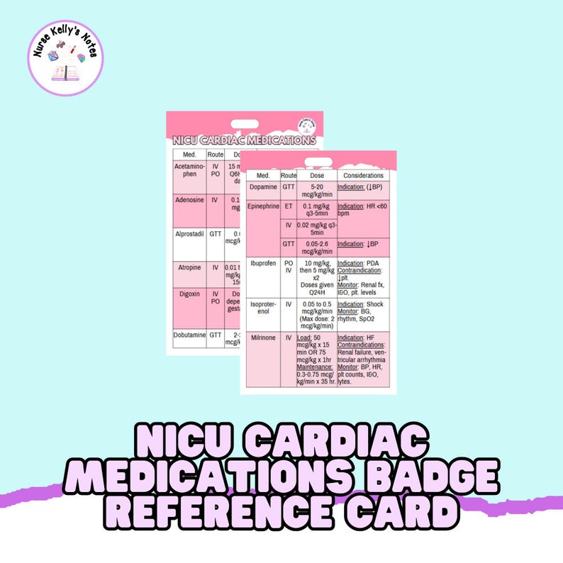 NICU Cardiac Medications Badge Reference Card: Wearable Badge Card for ...