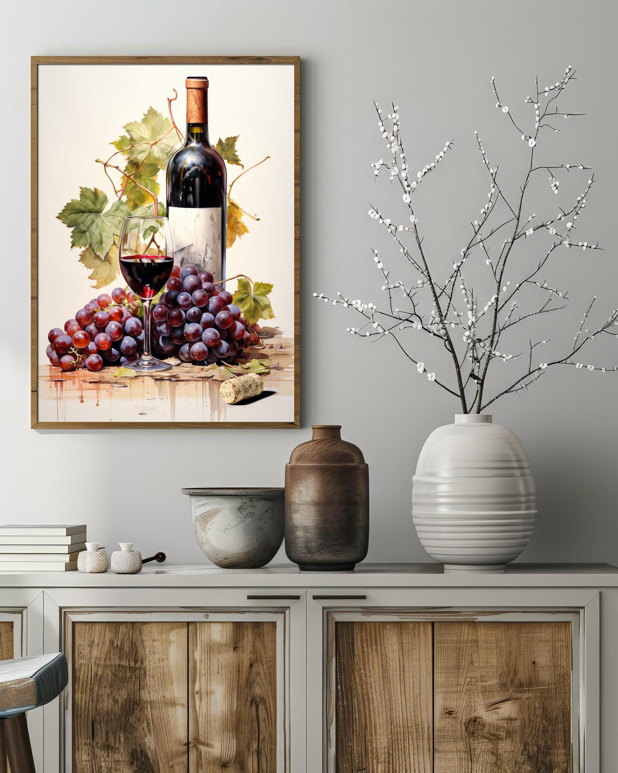 Wine Bottle and Grapes Wall Art, Elegant Red Wine Painting, Still Life ...