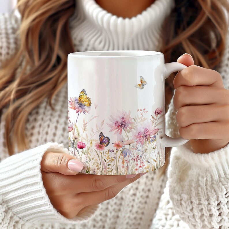 Watercolor Botanical Floral Butterfly Ceramic Coffee Mug, Spring Flower ...