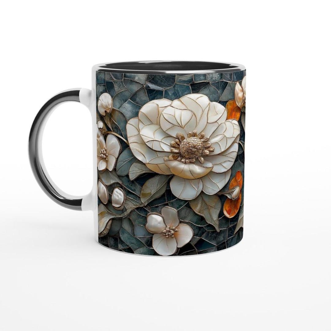 Mother of Pearl Stunning Floral 3D Mosaic Design on 11oz Ceramic Mug ...