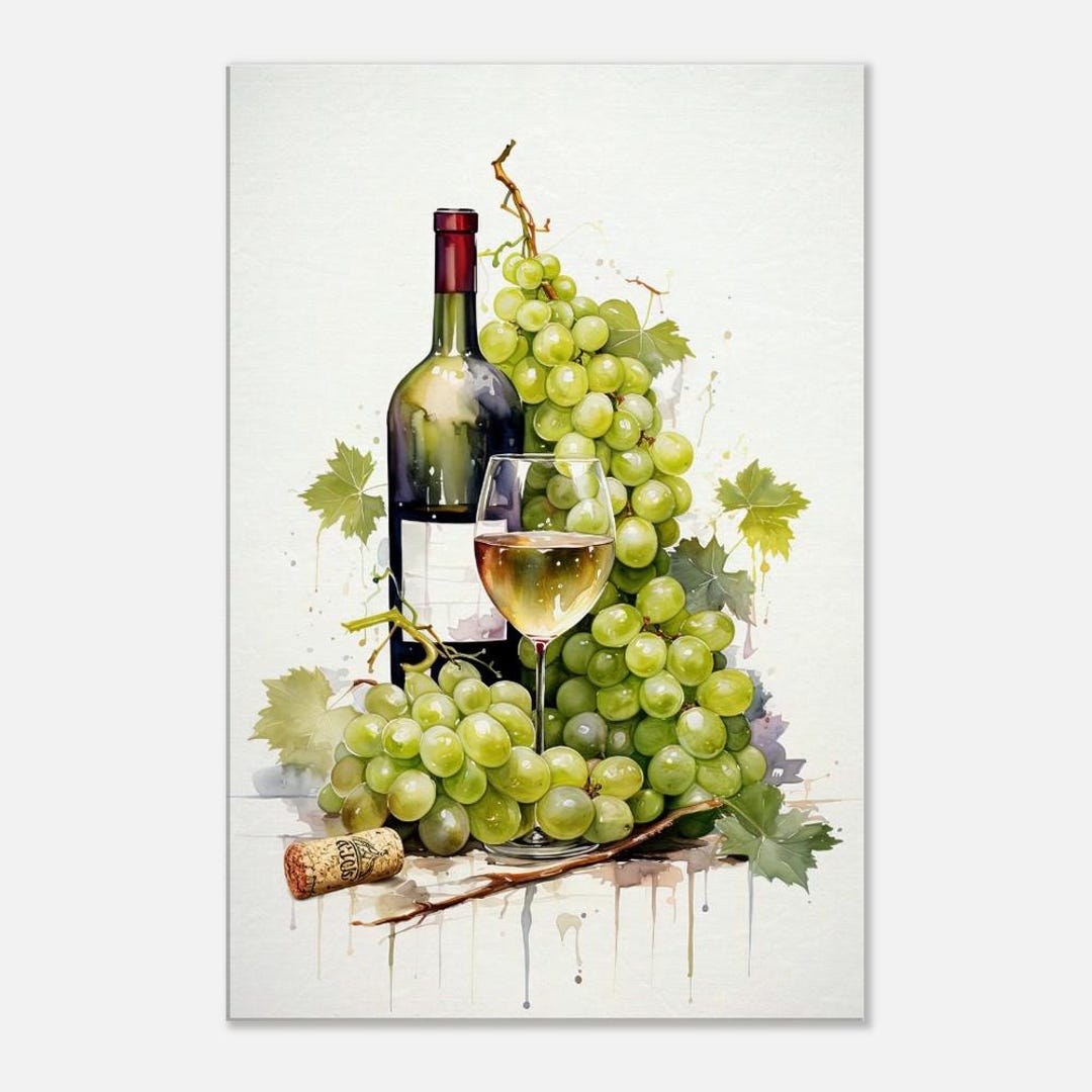 Glass of White Wine Bottle Grapes Wall Art, Elegant Bar Kitchen Diner ...