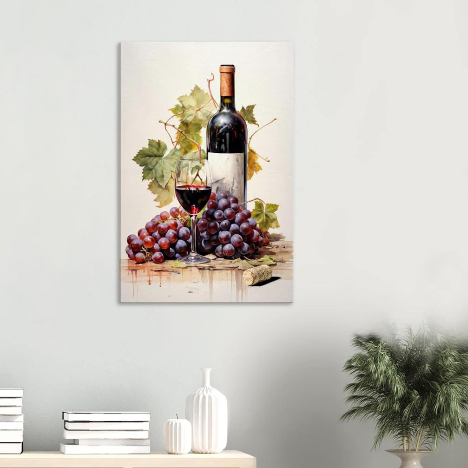 Wine Bottle and Grapes Wall Art, Elegant Red Wine Painting, Still Life ...