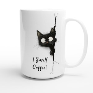 Cute Black Cat Peeking From the Cracked Wall of the Cup, I Smell Coffee ...