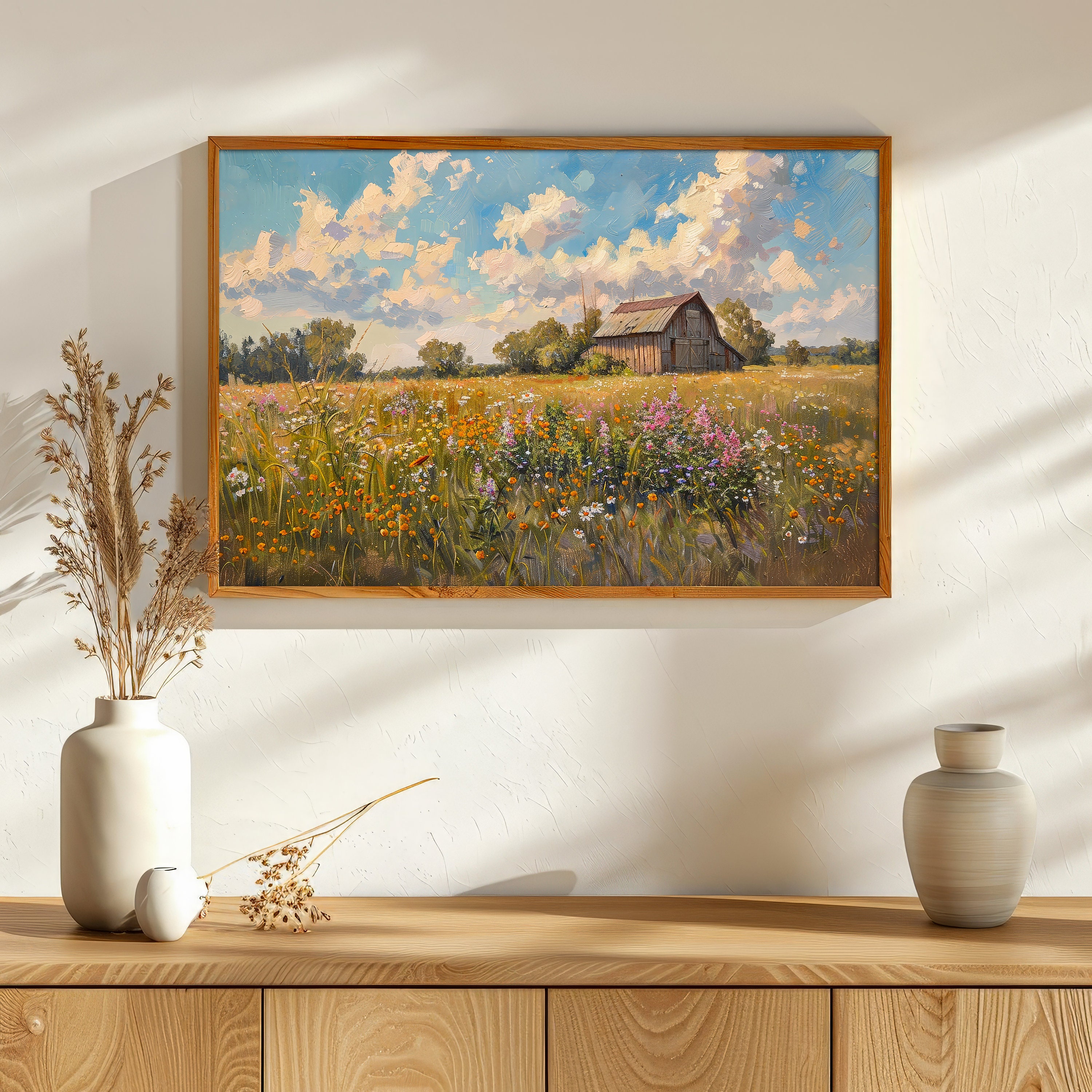 Painting of Rustic Barn Amidst Blooming Meadow, Vibrant Wildflowers ...