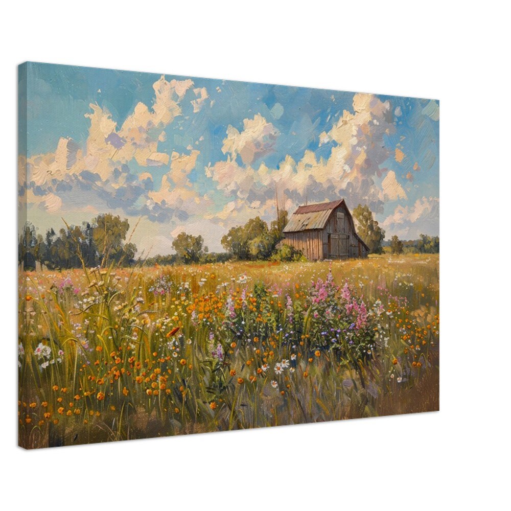 Painting of Rustic Barn Amidst Blooming Meadow, Vibrant Wildflowers ...