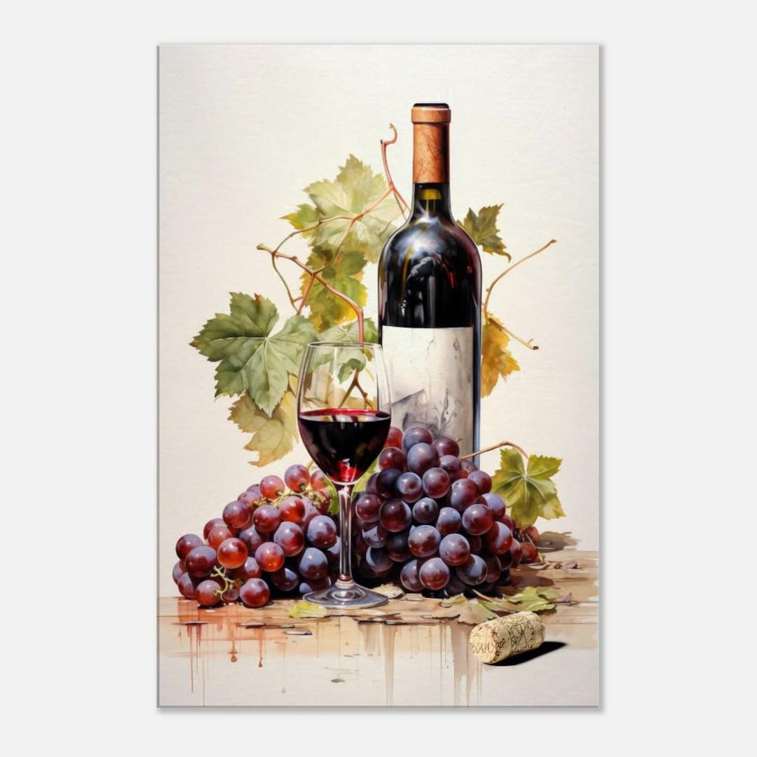 Wine Bottle and Grapes Wall Art, Elegant Red Wine Painting, Still Life ...
