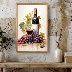 Wine Bottle and Grapes Wall Art, Elegant Red Wine Painting, Still Life ...