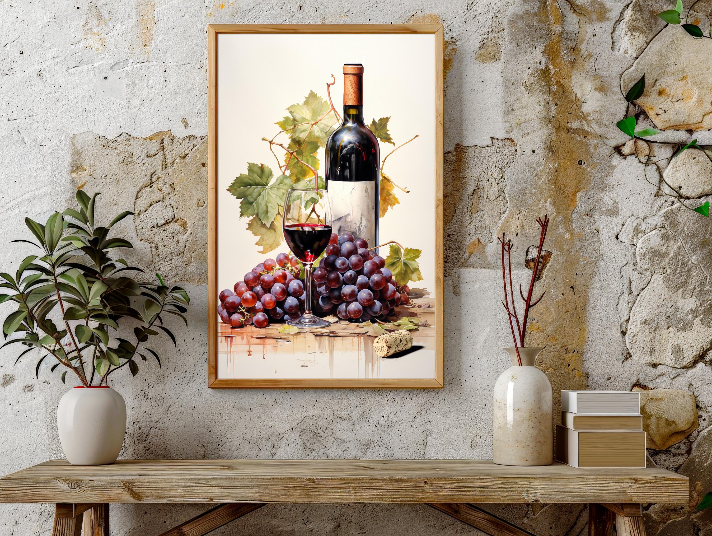 Wine Bottle and Grapes Wall Art, Elegant Red Wine Painting, Still Life ...