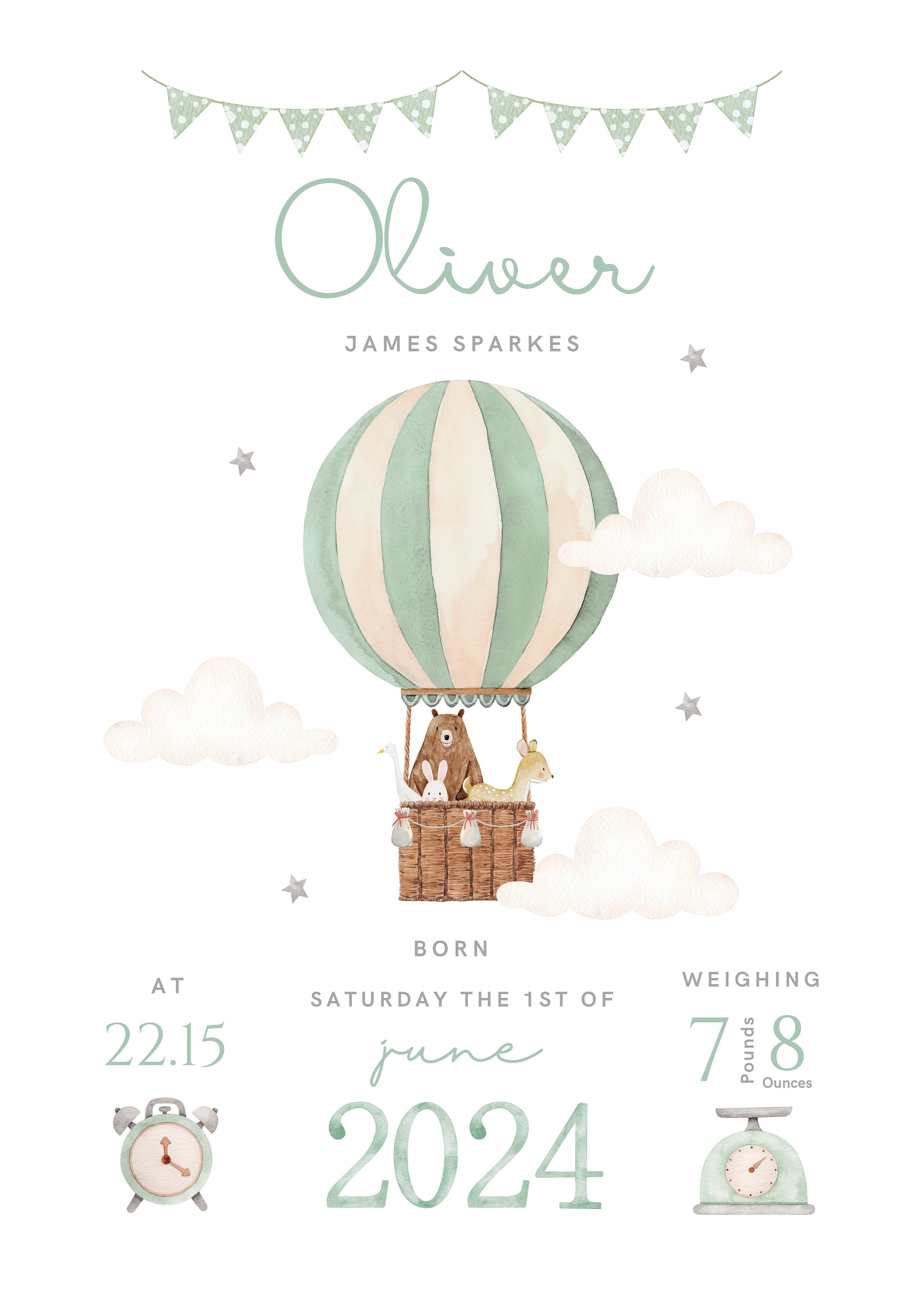 Personalised Hot Air Balloon Baby Birth Details Print | Woodland Animal ...