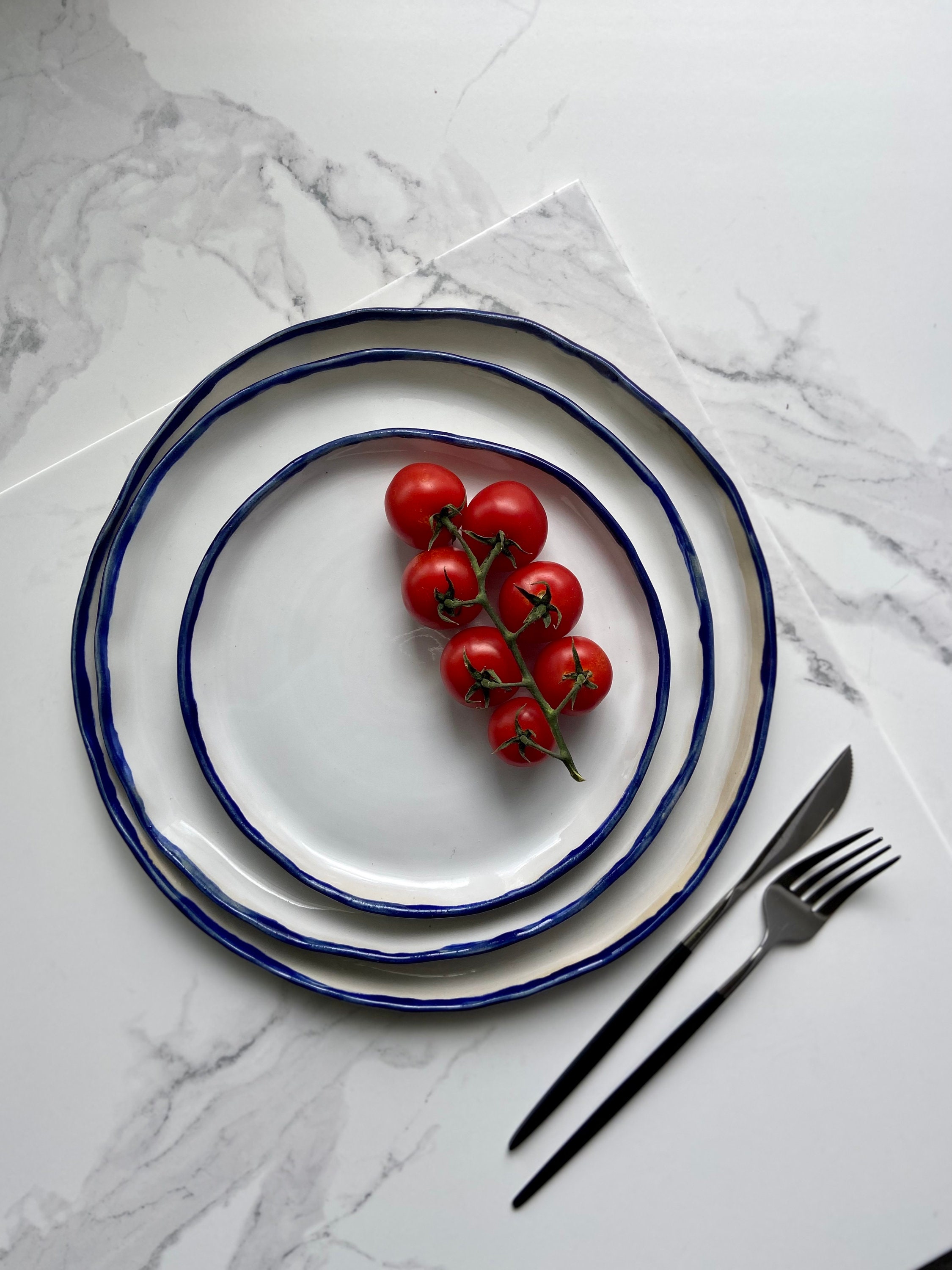 Modern White and Blue Rim Dinnerware, Stoneware Dinner Side Snack ...