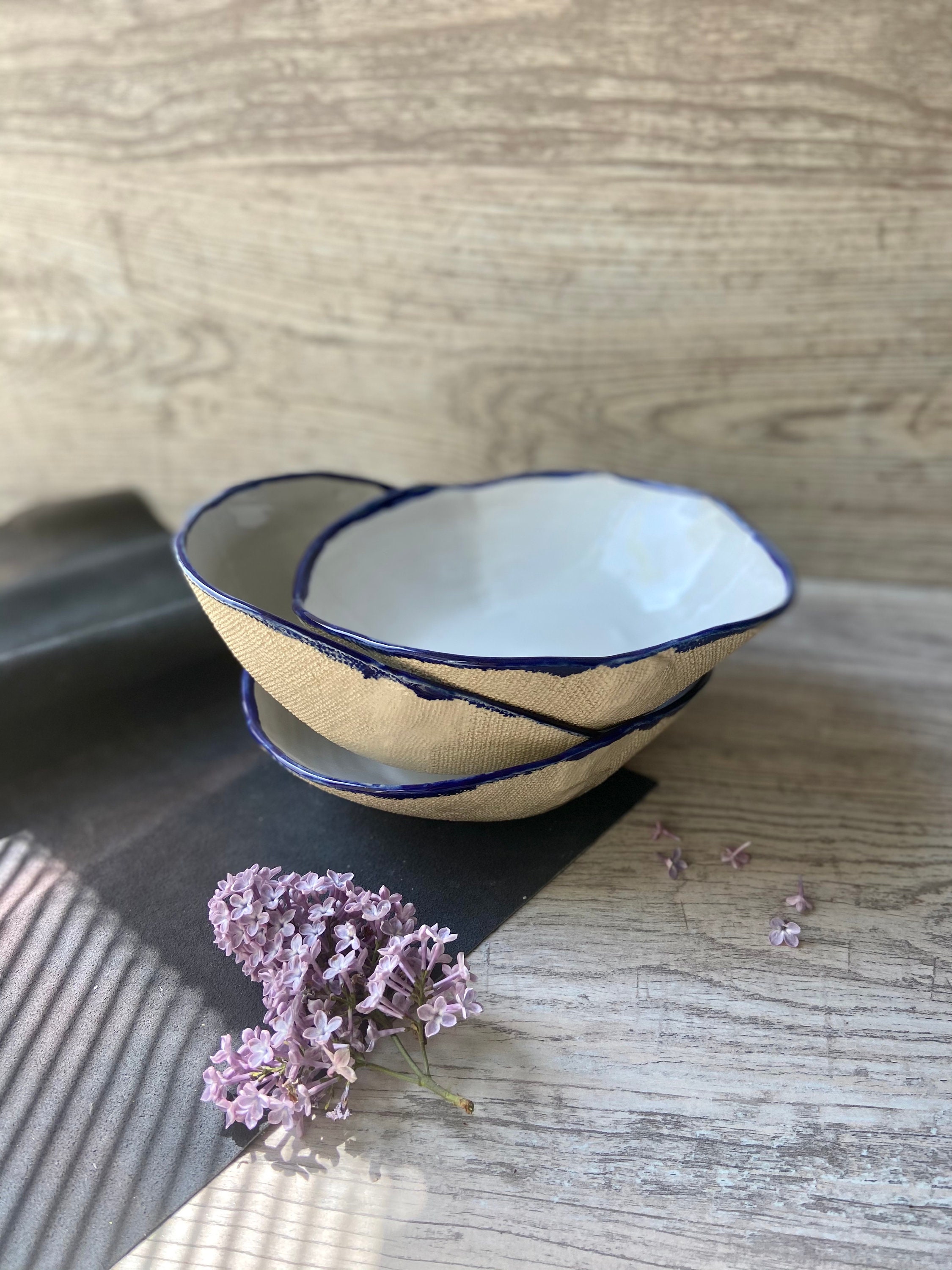 Modern White and Blue Rim Dinnerware, Stoneware Dinner Side Snack ...