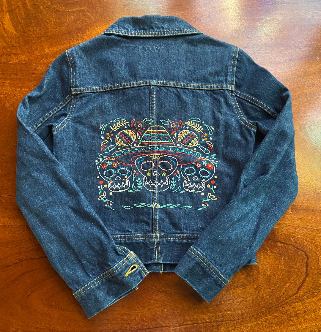 Denim Blue Jean, Hand Embroidered Day of the Dead Jacket, Mexican ...