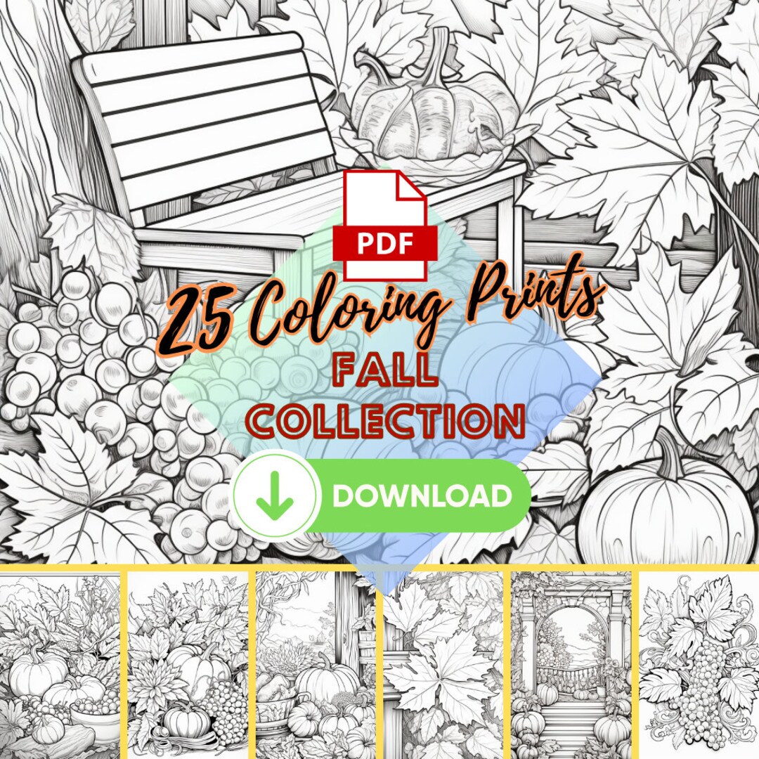 25 Adult Coloring Book Pages, 25 Cute Fall Scenes, Adult Coloring Book ...
