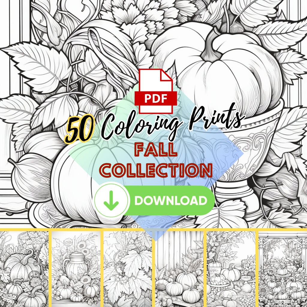50 Adult Coloring Book Pages, 50 Cute Fall Scenes, Adult Coloring Book ...