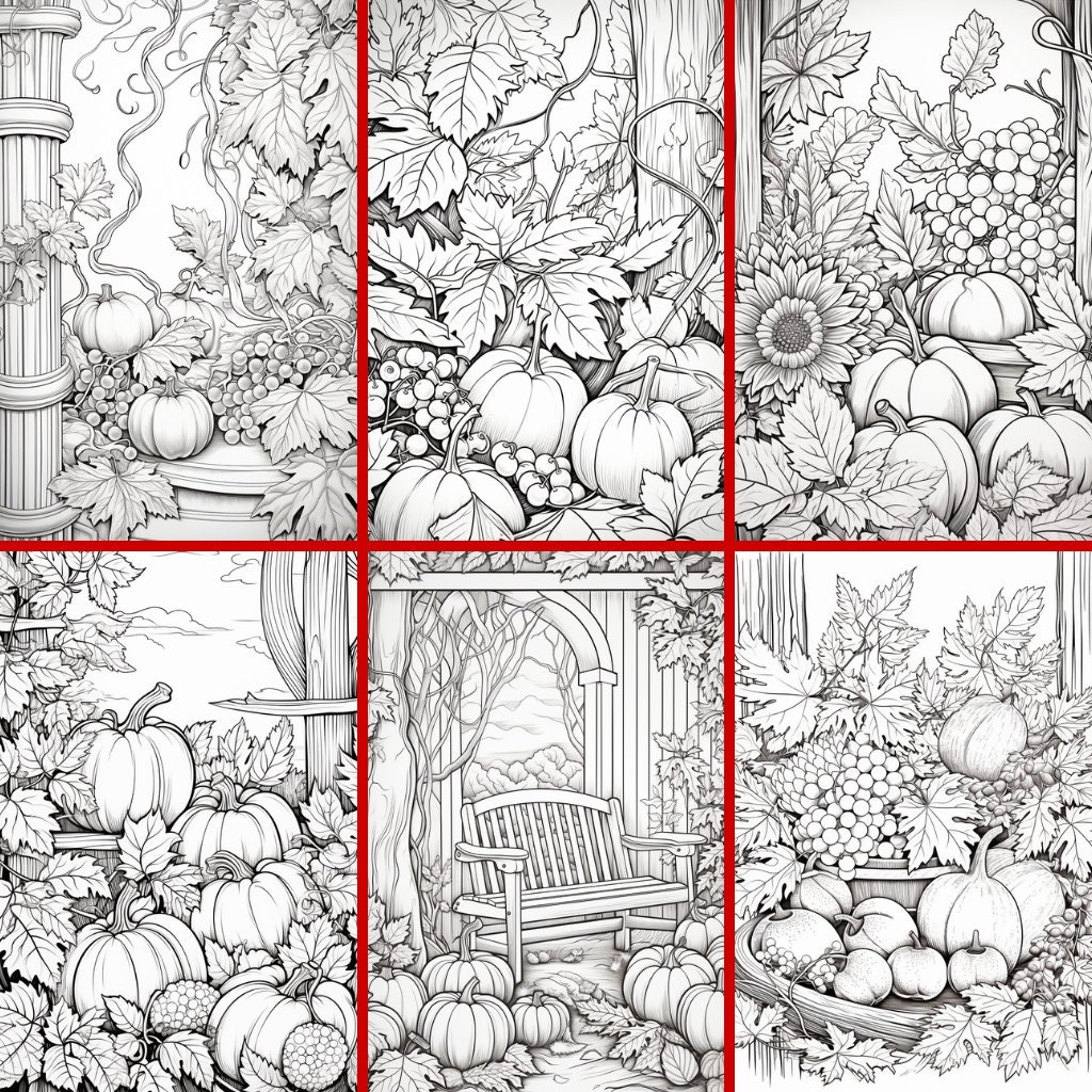 50 Adult Coloring Book Pages, 50 Cute Fall Scenes, Adult Coloring Book ...