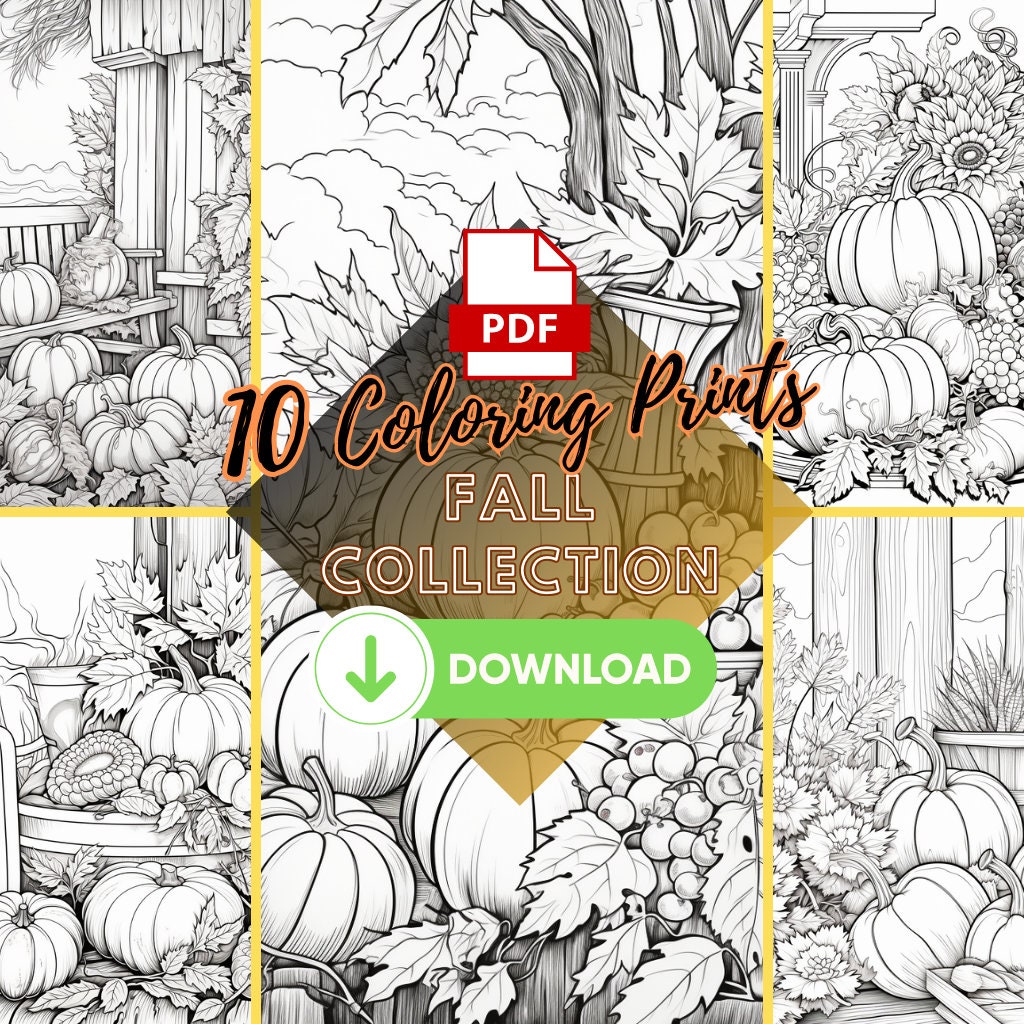 10 Adult Coloring Book Pages, 10 Cute Fall Scenes, Adult Coloring Book ...