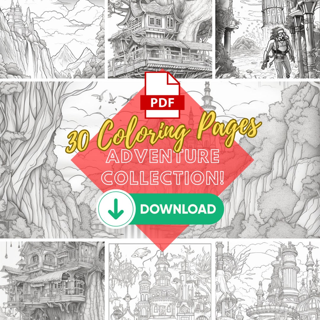 30 Adult Coloring Book Pages, Fantasy Treehouse+atlantis+fantasy Lands ...