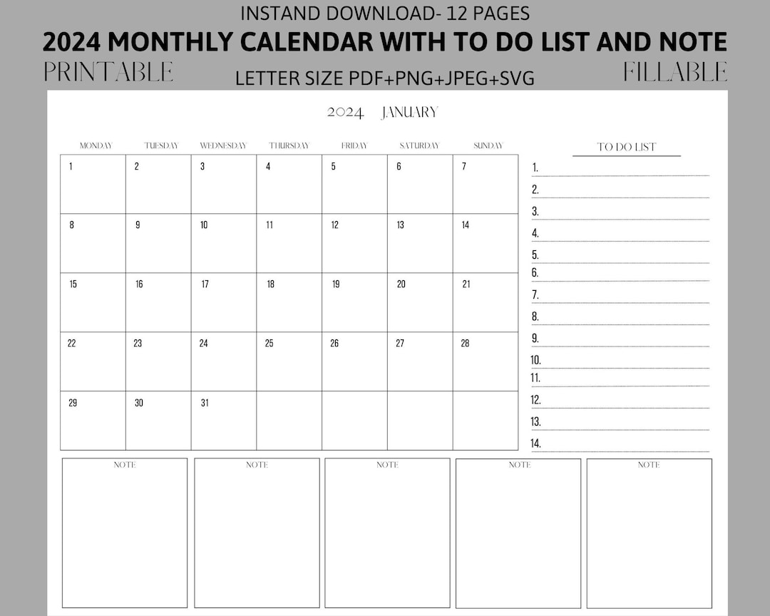 2024 Monthly Calendar With Notes, Printable and Fillable Calendar ...